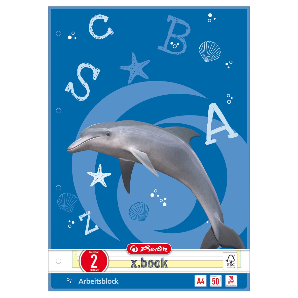 Herlitz Schreibblock DIN A4 Lineatur 2 mit Delfin-Motiv, 50 Blatt - Herlitz